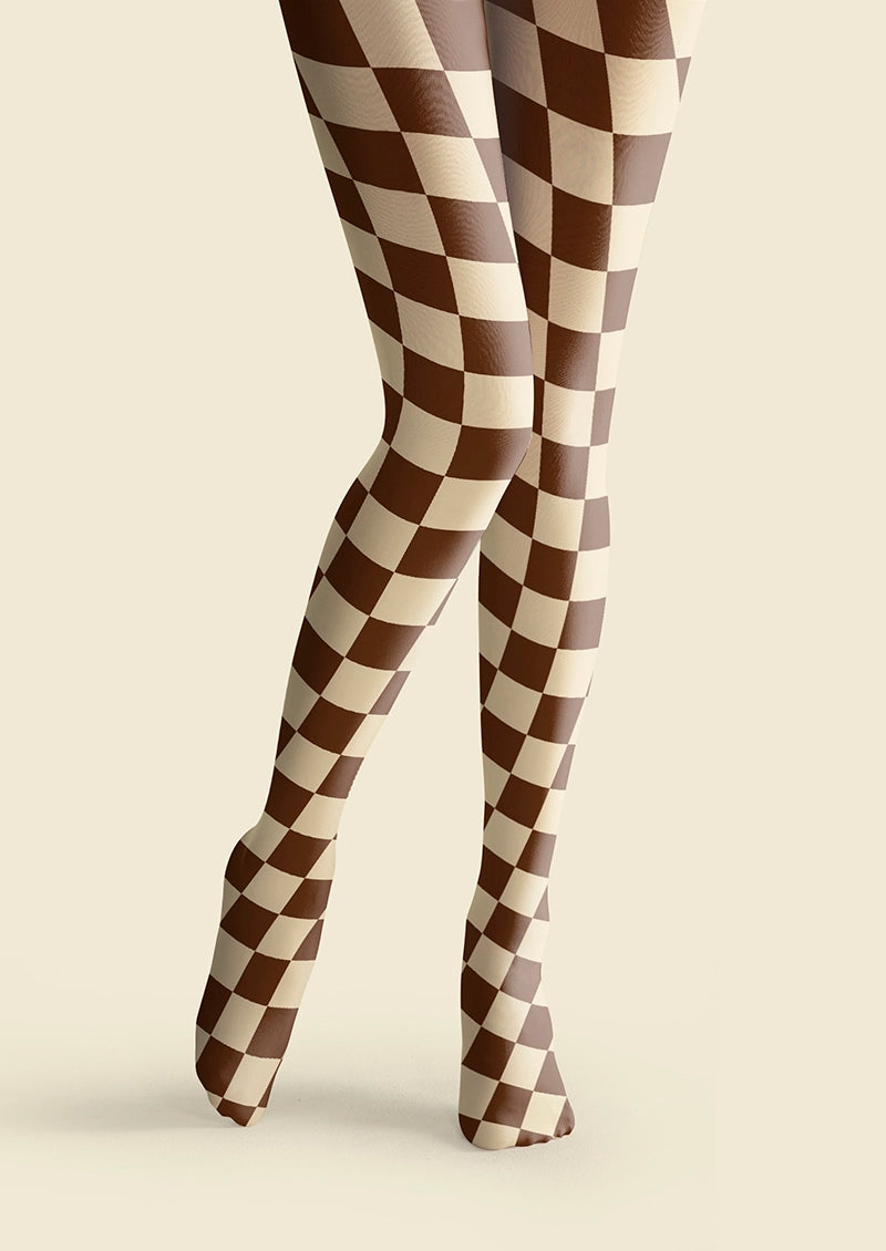 Brown-pale yellow checkered Tights – Color Block Pop Art Pantyhose ...